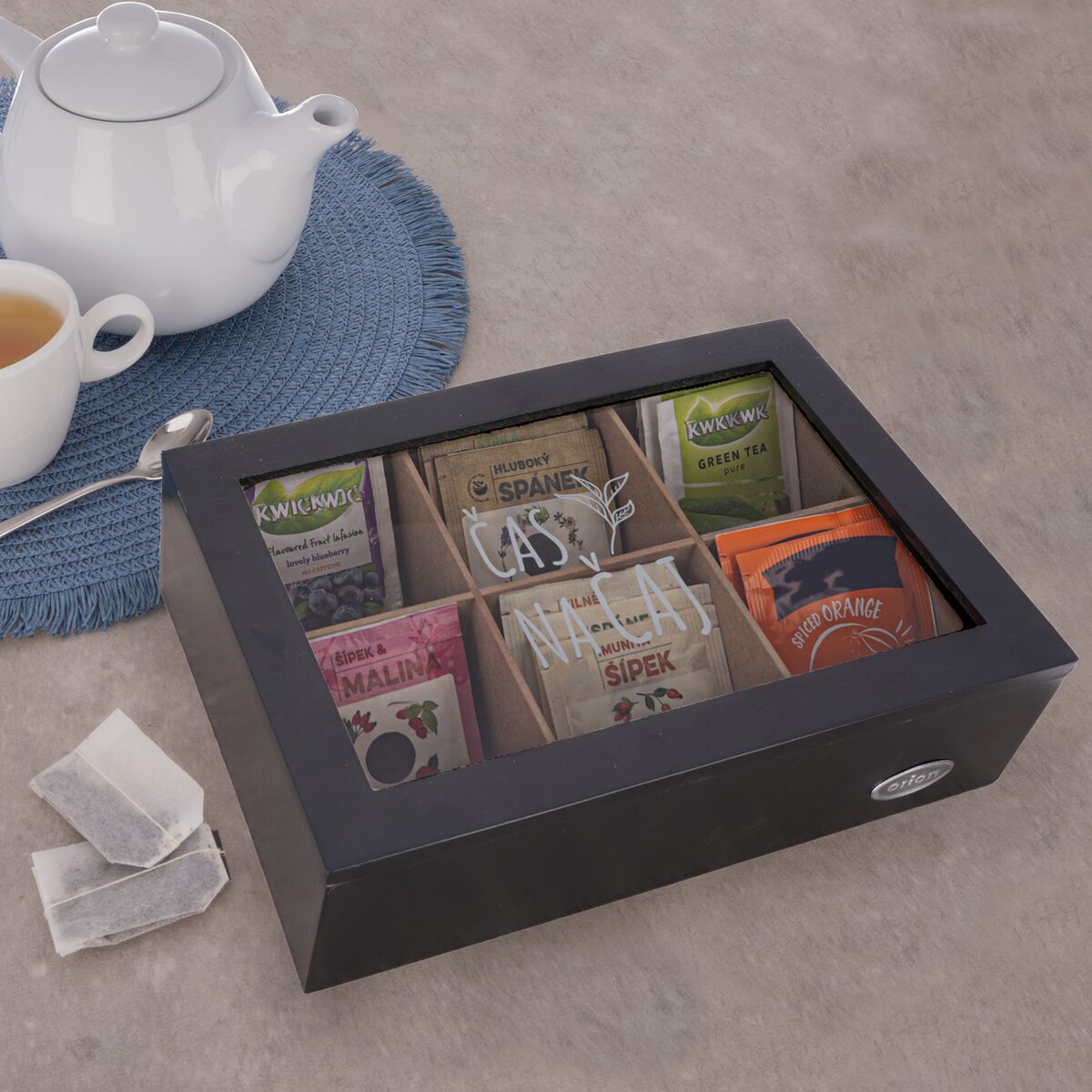 Kazeta na čajové sáčky dřevo, sklo černá | Orion - tvoríme vašu domácnosť